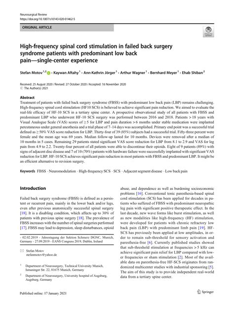 Pdf High Frequency Spinal Cord Stimulation In Failed Back Surgery Syndrome Patients With