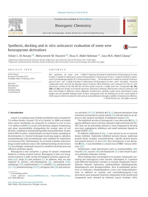 Pdf Synthesis Docking And In Vitro Anticancer Evaluation Of Some