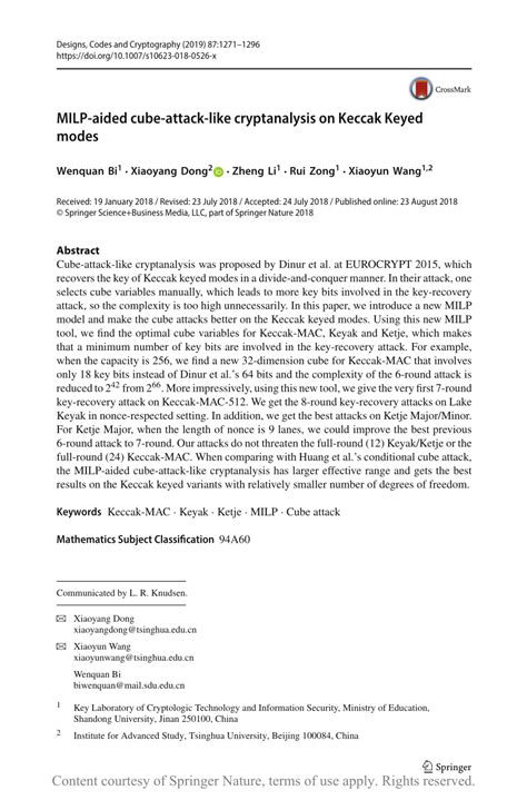 Milp Aided Cube Attack Like Cryptanalysis On Keccak Keyed Modes Request Pdf