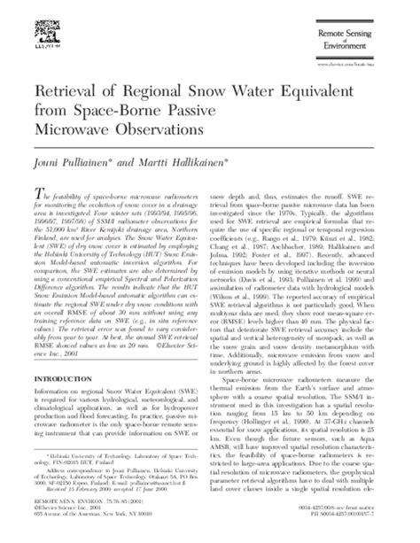 Pdf Retrieval Of Regional Snow Water Equivalent From Space Borne Passive Microwave Observations