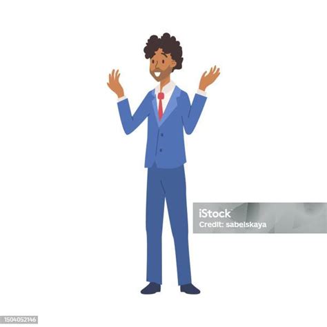 빨간 넥타이를 매고 파란색 비즈니스 정장을 입은 어두운 피부의 남자가 손을 들어 올린 벡터 일러스트레이션은 매우 놀라고 미소를 지으며 흰색 배경에 고립되어 있습니다 Omg에