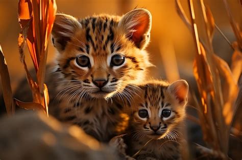 Premium Ai Image Leopard Cubs In Nice Orange Grass Generative Ai
