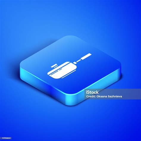 파란색 배경에 격리 된 아이소메트릭 프라이팬 아이콘입니다 튀김 또는 구운 음식 기호 파란색 사각형 버튼입니다 벡터 일러스트레이션