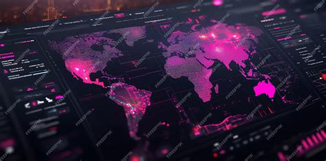 A Futuristic Digital World Map Display On A Dark Background With A Pink
