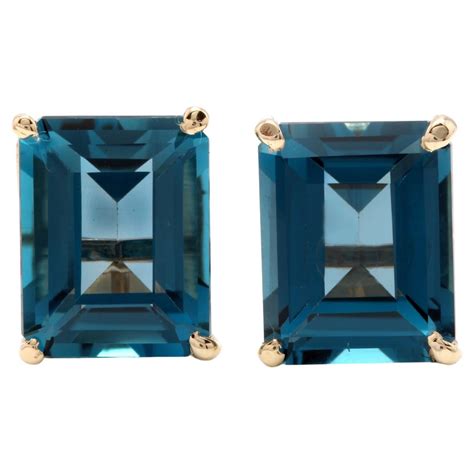 600 Carat Natural London Blue Topaz 14k Solid Yellow Gold Earrings For