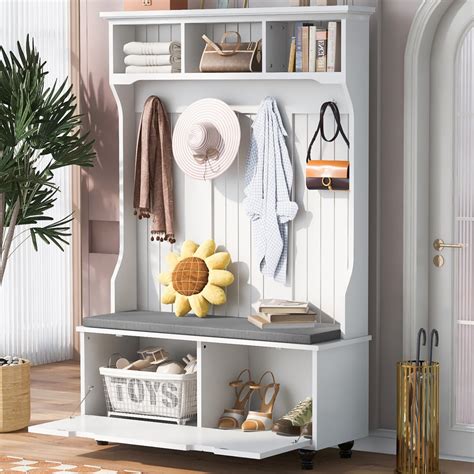 Modern 4 In 1 Hall Tree Entryway Bench Coat Rack Cushion 4 Hooks