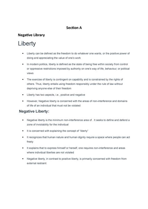 Political Science Lecture Notes Section A Negative Library Liberty
