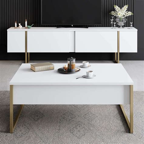 Table Basse En Aggloméré Blanc Et Métal Doré Luxe