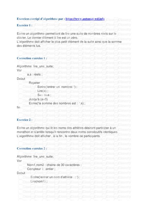 Exercices Corrigé Dalgorithme Par Automat