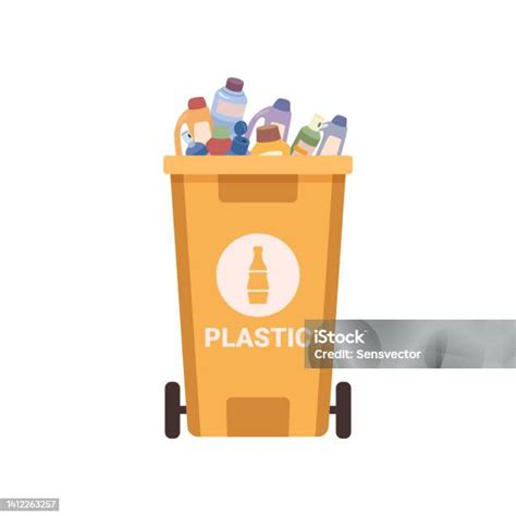 플라스틱 폐기물을 재활용하기 위해 쓰레기 격리 된 노란색 쓰레기통을 분류하기위한 용기 플라스틱 병과 쓰레기를위한 바퀴에 양동이의 벡터 플랫 만화 일러스트 레이 션 거절하기에