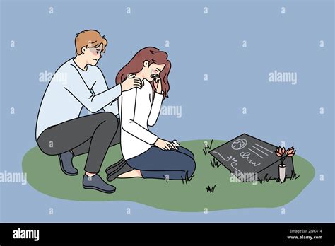 Depressed Couple Cry At Cat Gravestone At Cemetery Unwell Stressed Man