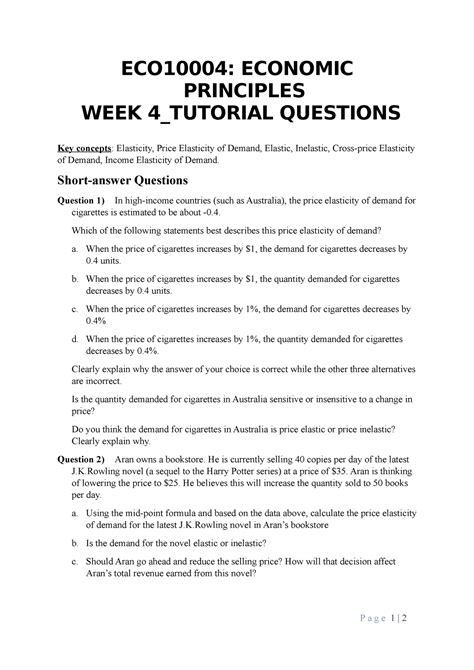 Week 4 Tutorial Questions 1 Eco10004 Economic Principles Week 4