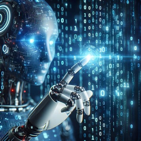 Premium Photo Hand Of Robot Touching On Binary Data Futuristic