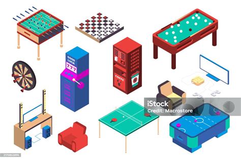 레크리에이션 룸 3d 아이소 메트릭 메가 세트 아이소메트리 그래픽 디자인 테이블 축구 체커 당구 슬롯 머신 다트 테니스 게임