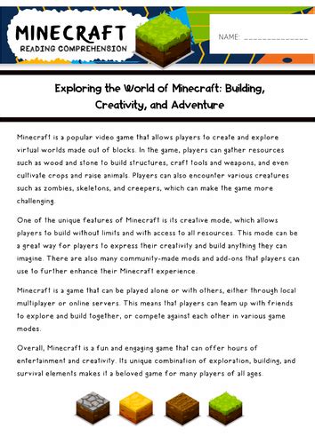 Minecraft Reading Comprehension Passage And Questions Years 4 5 Teaching Resources