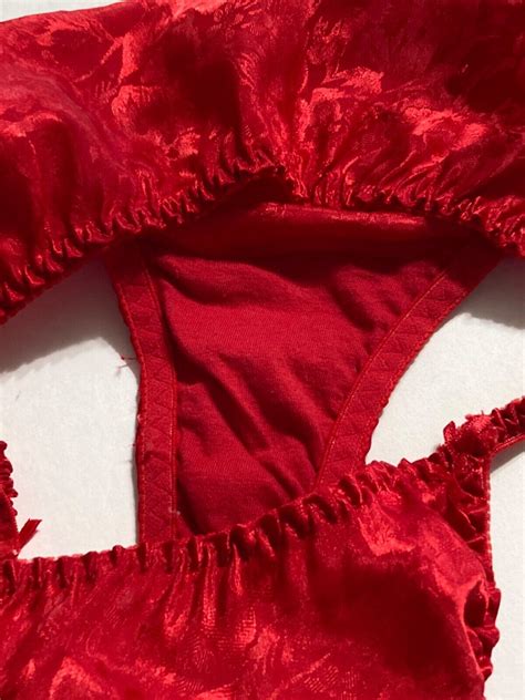 Vintage Red Shiny Satin String Bikini Panties Polyester Bows Sissy Size
