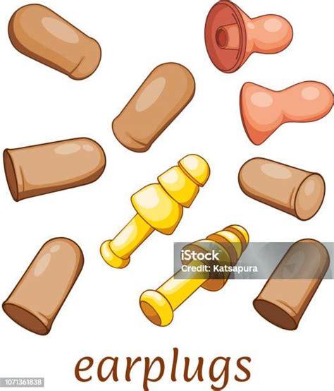 시끄러운 귀마개에서 귀를 보호 합니다 흰색 배경에 다른 귀 플러그의 집합입니다 벡터 일러스트 레이 션 이어 플러그에 대한 스톡