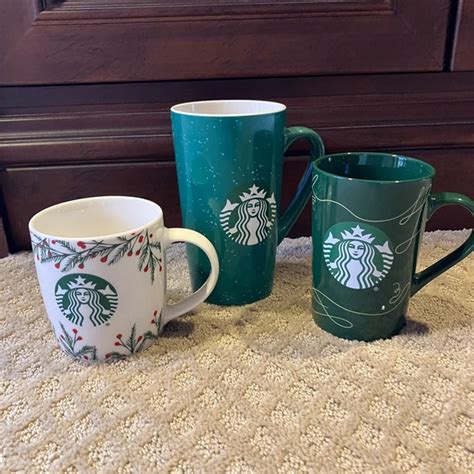Starbucks Kitchen Starbucks Set Of 3 Green White Coffee Mugs From