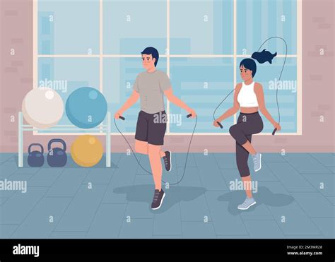 Doing Jumping Rope Workout Flat Color Vector Illustration Stock Vector
