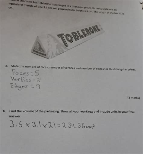 Solved Chocolate Bar Toblerone Is Packaged In A Triangular Prism Its