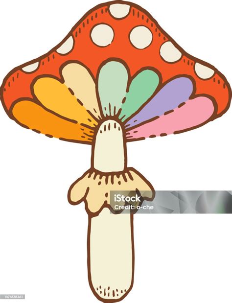 Stiker Jamur Sketsa Gambar Tangan Retro Ilustrasi Gaya Disko 70an Kartun Vektor Doodle Jamur