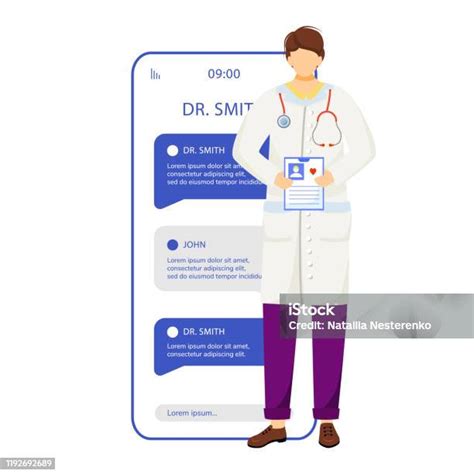 온라인 의사 상담 스마트폰 벡터 앱 화면 의료 전문가와 채팅 만화 캐릭터 디자인 모형과 휴대 전화 디스플레이 원격 의료 응용