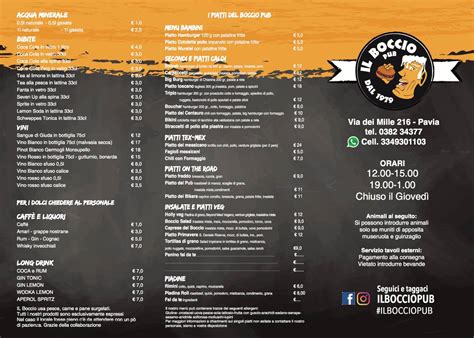 Menu Da Il Boccio Pub Pavia Via Dei Mille