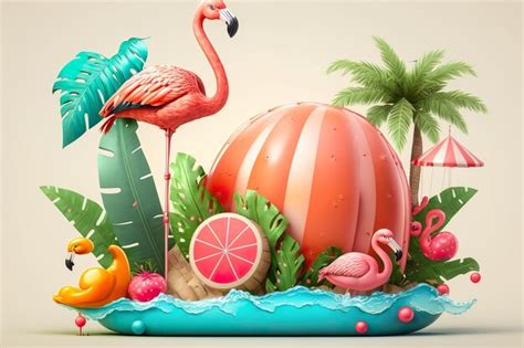수박 해변 우산 야자수와 여름 열대 플라밍고 여름 축제 휴가 해변 배경 Ai 생성 프리미엄 사진