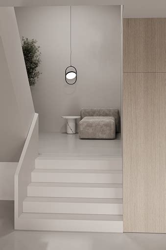 계단 천장 조명 콘크리트 바닥이 있는 베이지색 거실 인테리어 캔버스 포스터 모형 파노라마 배경입니다 3d 렌더링 고품질 3d