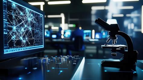 Modern laboratory setup with microscope computer displays and data ...
