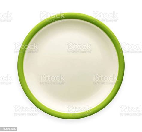 녹색 패턴 가장자리와 빈 세라믹 플레이트 화이트 라운드 플레이트 녹색 테두리 클리핑 경로는 격리 된 흰색 배경 위에서 보기 0명에 대한 스톡 사진 및 기타 이미지 Istock