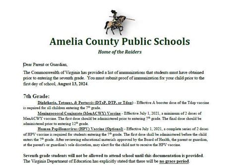 7th Grade Immunization Notice Amelia County Middle School