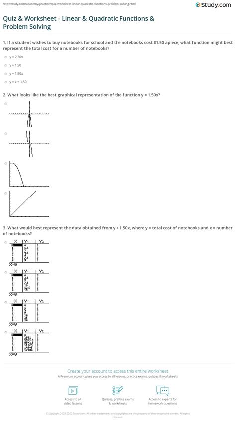 Quiz Worksheet Linear Quadratic Functions Problem Solving Study Com