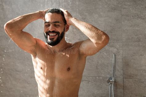 Handsome Happy Young Arabic Male Model Enjoying Taking Hot Shower Stock Image Image Of Face