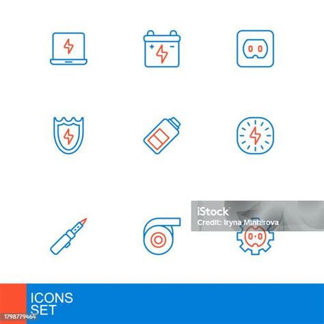 라인 전기 콘센트 롤 접착 테이프 납땜 인두 번개 볼트 및 실드 배터리 충전 및 자동차 배터리 아이콘을 설정합니다 벡터 건강