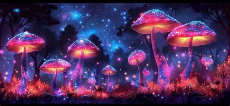 별이 빛나는 하늘 아래 빛나는 버섯으로 가득한 활기 넘치는 마법의 숲 풍경 버섯 불타는 듯한 빛깔 밤 배경 일러스트 및 사진 무료 다운로드 Pngtree