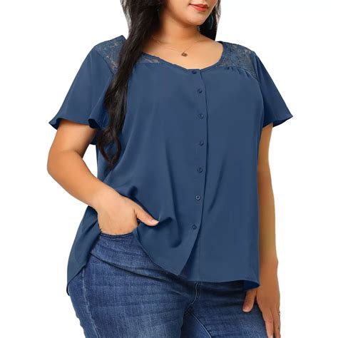 Womens Plus Size V Neck Full Placket Lace Panel Flare Short Sleeve