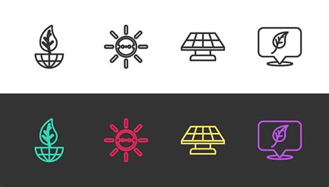 세트 라인 지구 지구와 잎 태양 에너지 패널 그리고 흑백위치 벡터 0명에 대한 스톡 벡터 아트 및 기타 이미지 0명 검은색 그라데이션 Istock