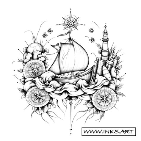 Tattoo Design Boat Waves Compass Map Landmarks Style Sketch
