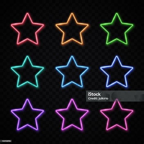 화려한 네온 별 투명 한 배경에 설정 합니다 빛나는 Led 램프 기술 별 모양 테두리 컬렉션입니다 배너 전단지 포스터 디자인 서식 파일에 대 한 할로겐 표지판 전기 구조