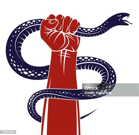 손은 뱀을 짜내고 악에 맞서 싸우고 어두운 면 내부 갈등 원형 그림자를 제어하고 인생은 싸움 개념 빈티지 벡터 문신입니다 곡선에 대한 스톡 벡터 아트 및 기타 이미지