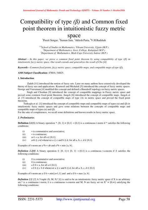 Pdf Compatibility Of Type β And Common Fixed Point Theorem In