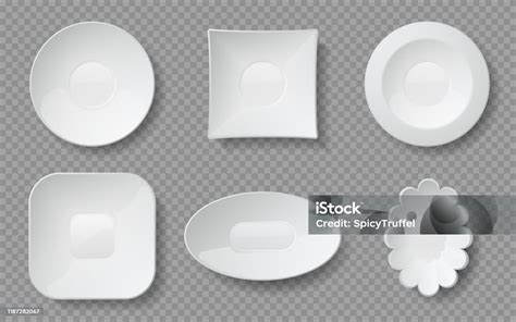 현실적인 음식 접시 카페와 레스토랑 세라믹 유리 또는 도자기 식기용 흰색 빈 접시와 그릇 벡터 모형 설정 하이 앵글에 대한 스톡