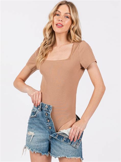 Womens Short Sleeve Square Neck Ribbed Bodysuit