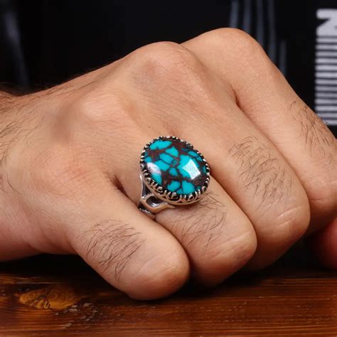 Mens Shajari Turquoise Ring With “ya Ali” Design 925 Silver