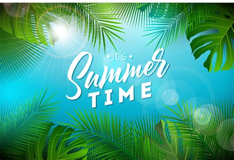 바다 파란색 배경에 타이포 그래피 문자와 열 대 식물 여름 시간 그림 배너 전단지 초대장 브로셔 포스터 또는 인사말 카드