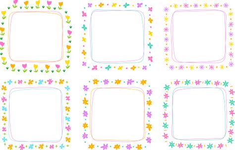 귀여운 추상 데이지 꽃 사각형 낙서 무료 손 그리기 그려진 선 테두리 프레임 화환 플레이트 세트 컬렉션 플랫 스타일 무지개 다채로운 배경 벡터 일러스트 레이 션 팩 0명에