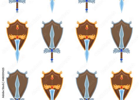 Vector Seamless Pattern With Cartoon Swords And Shields On White