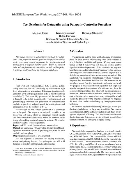 Pdf Test Synthesis For Datapaths Using Datapath Controller Functions