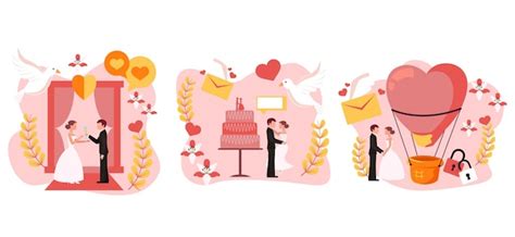 플랫 번들 웨딩 디자인 일러스트 레이션 프리미엄 벡터